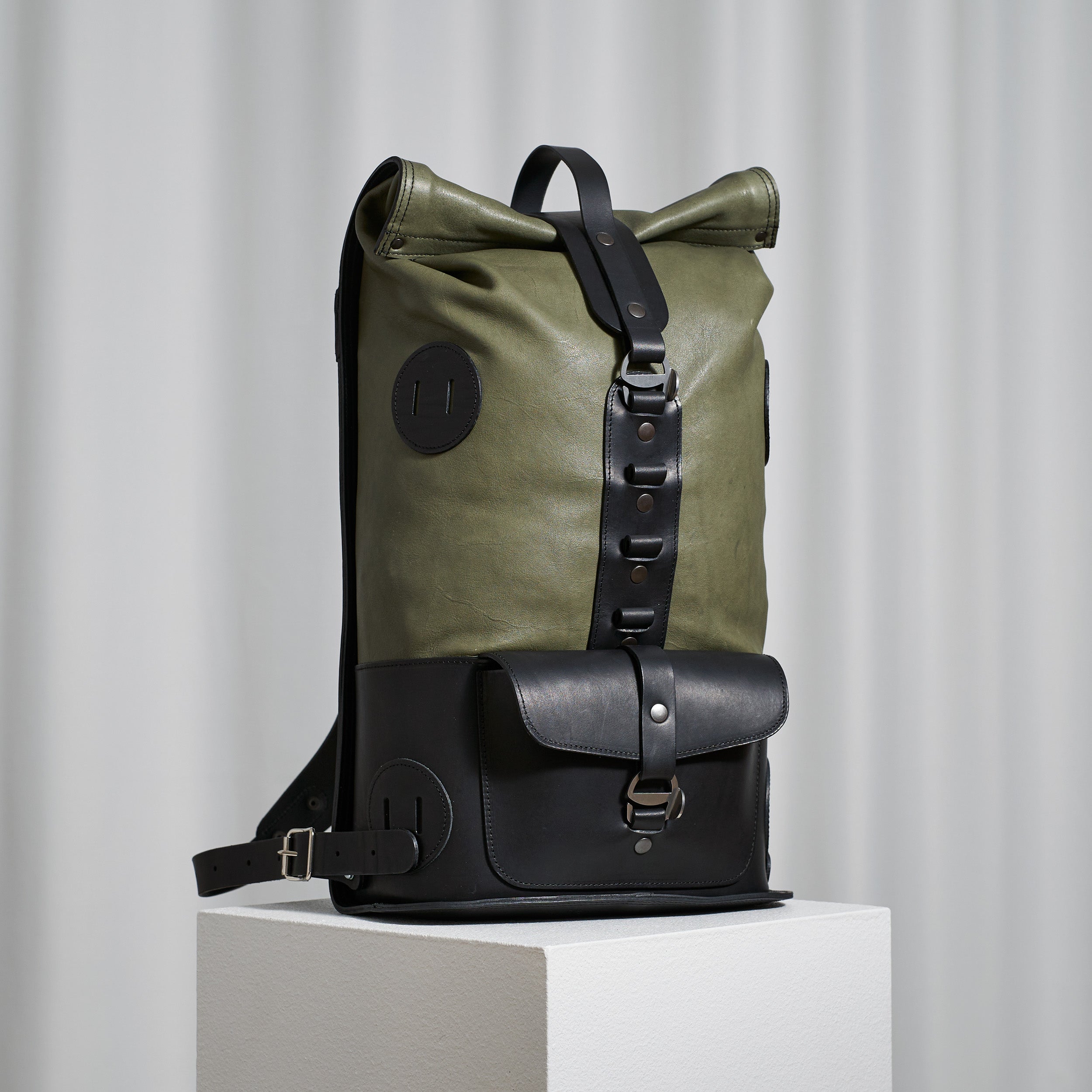 Fold Top Leather Backpack in Sage & Black. Handcrafted in Finland ...